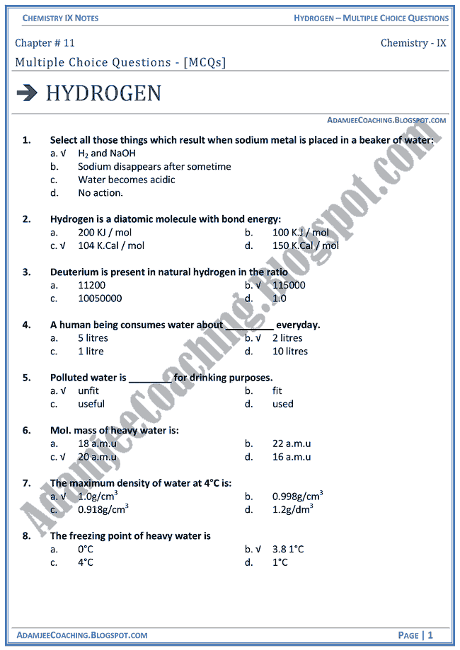 Adamjee Coaching: Hydrogen - MCQs - Chemistry IX