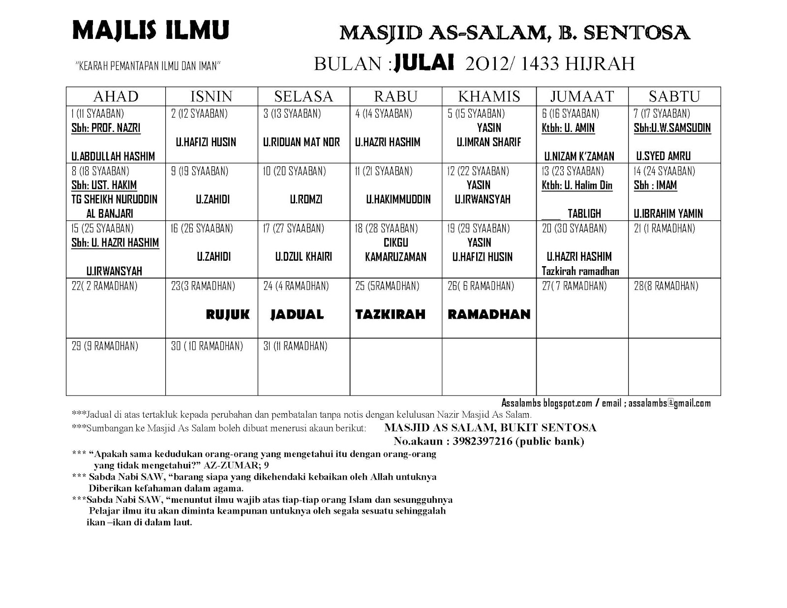 .: JADUAL MAJLIS ILMU JULAI 2012
