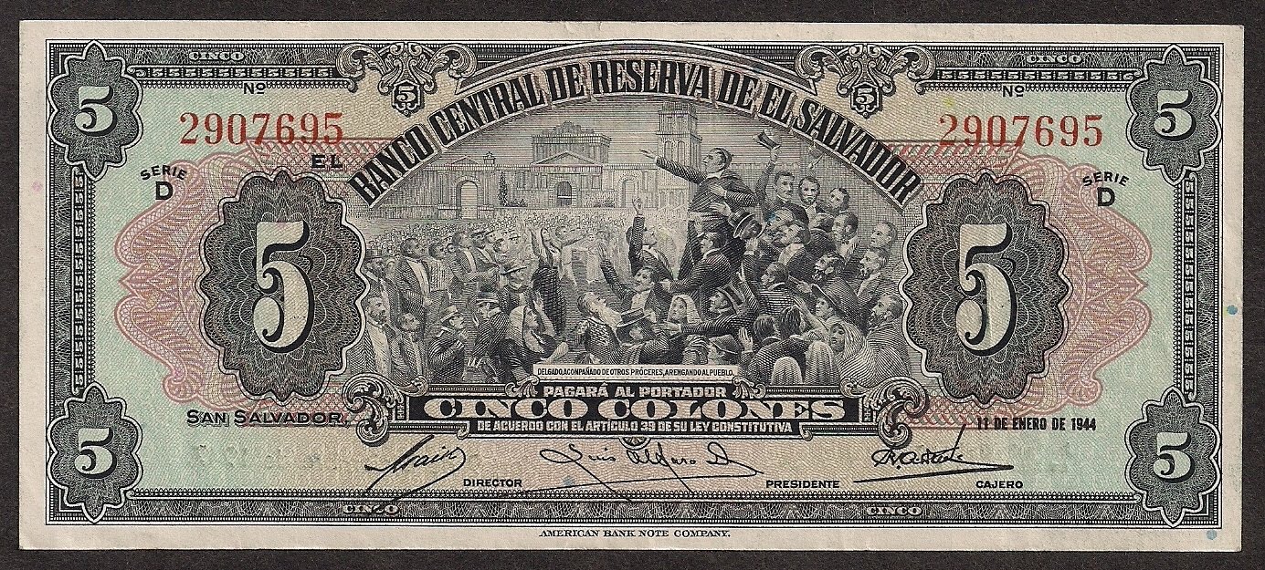 Salvador 5 Colones banknote 1944 El Banco Central de Reserva de El ...