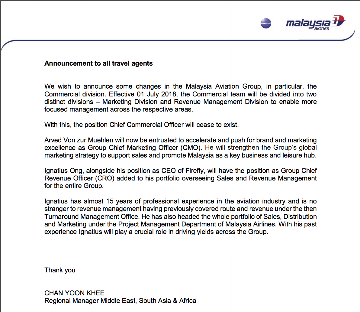 NP014 - Announcement to all travel agents - Malaysia Airlines