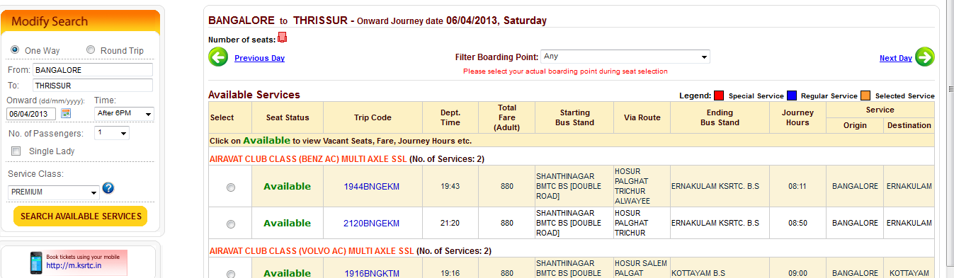 State Bus Routes,Fare ,Schedule information online: KSRTC online booking