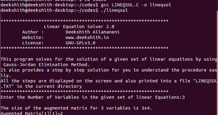 Source Code of Linear Equation Step by Step Solver in C Language