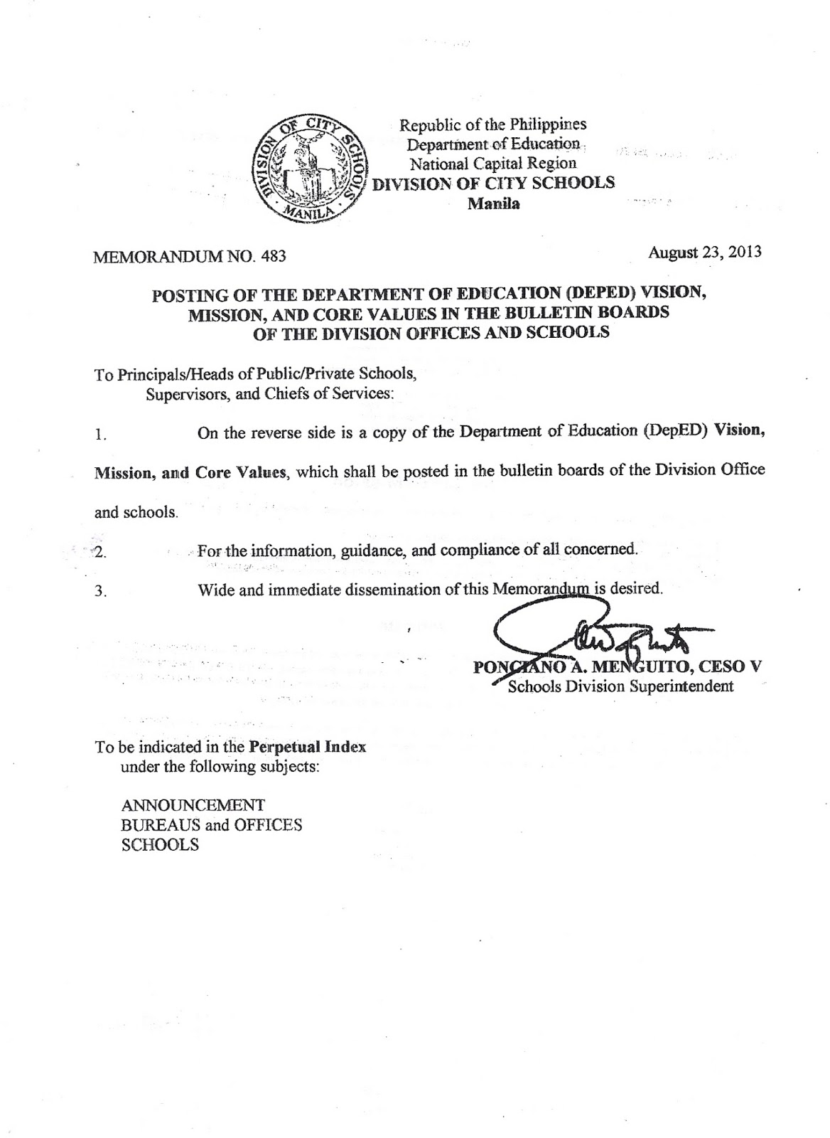 Department of Education Manila: Division Memorandum No. 483 POSTING OF ...