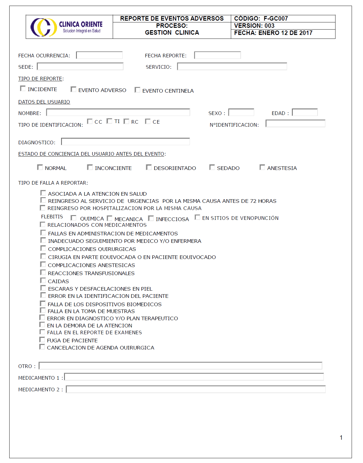 CLINICA ORIENTE: FORMATO DE REPORTE DE EVENTO ADVERSO