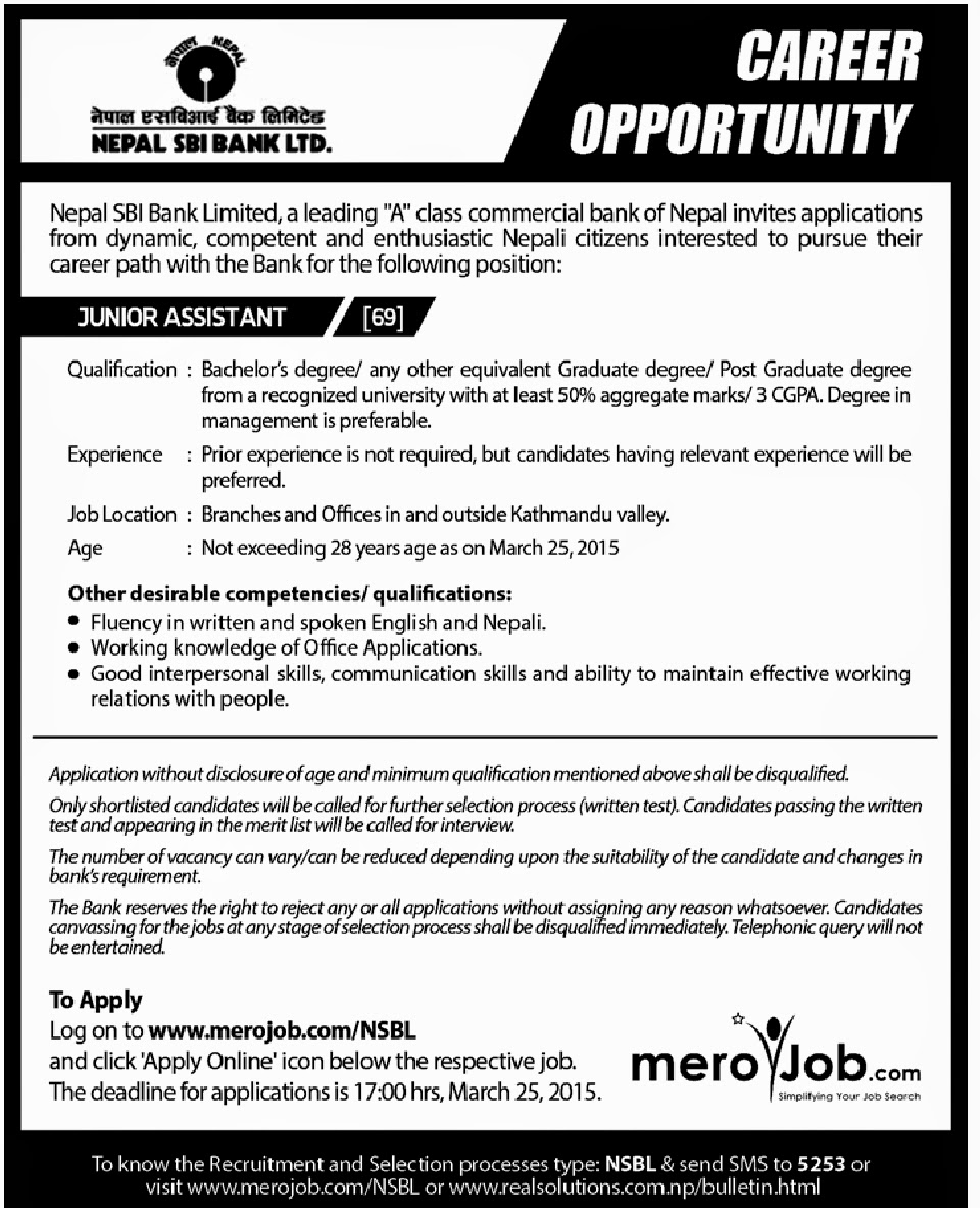 Job News Nepal Vacancy At Nepal SBI Bank Ltd Kathmandu 2015 03 18