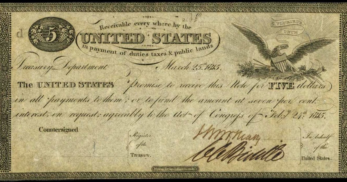 United States 5 Dollar Treasury Note 1815|World Banknotes & Coins ...