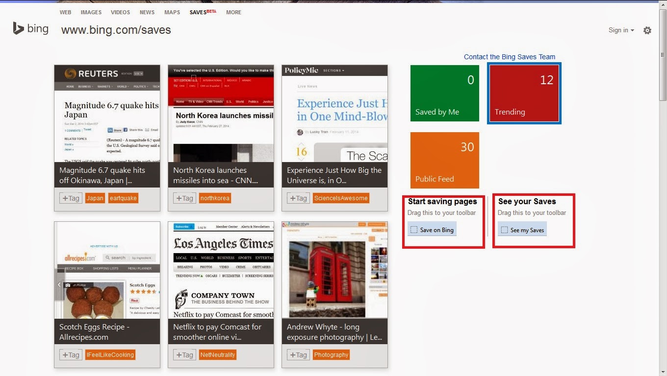 Below is a screenshot of Bing's Saves page