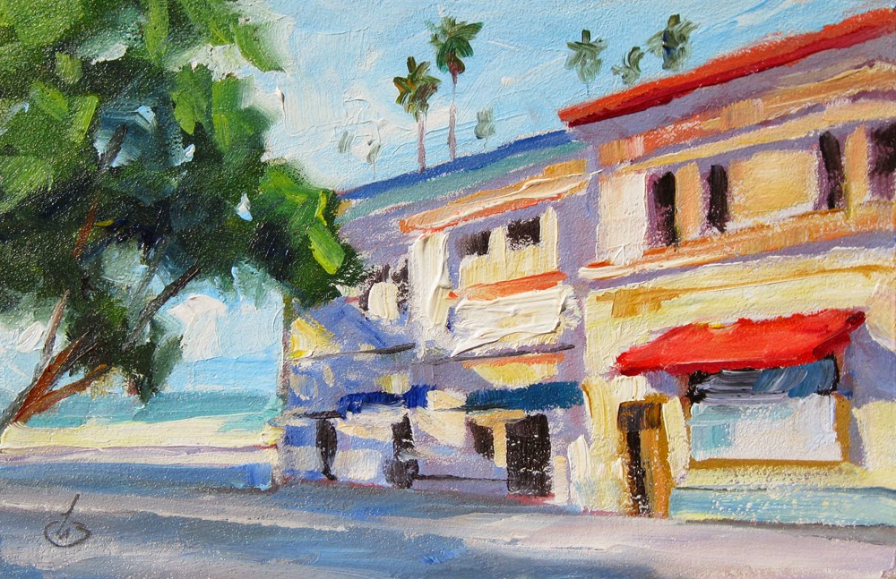 TOM BROWN FINE ART: $1 AUCTION, BEACH TOWN, ORIGINAL OIL by TOM BROWN