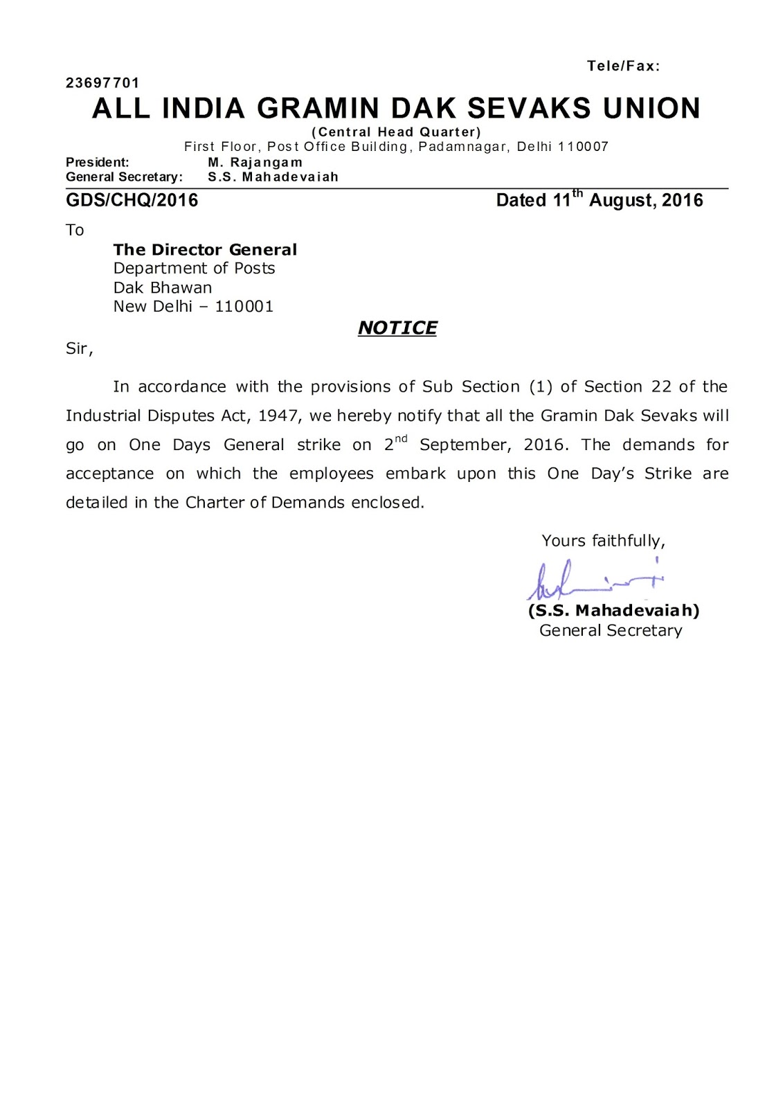 RURAL POSTAL EMPLOYEES: One Days General strike Notice