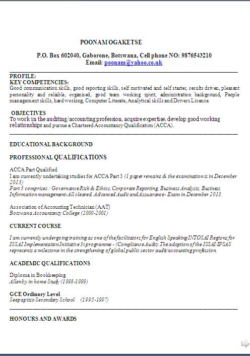 ACCA Finalist Resume Format in Word Format Free Download