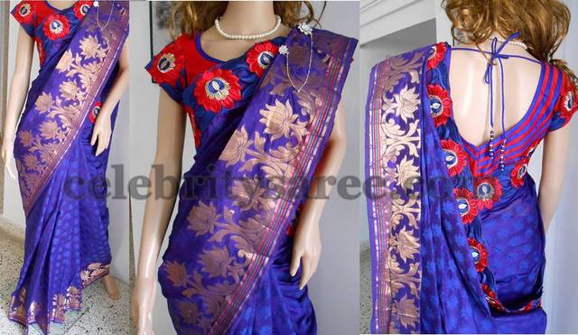 Lotus and Rose Floral Work Saree - Saree Blouse Patterns