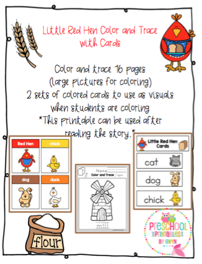 Little Red Hen Color and Trace ~ Preschool Printables