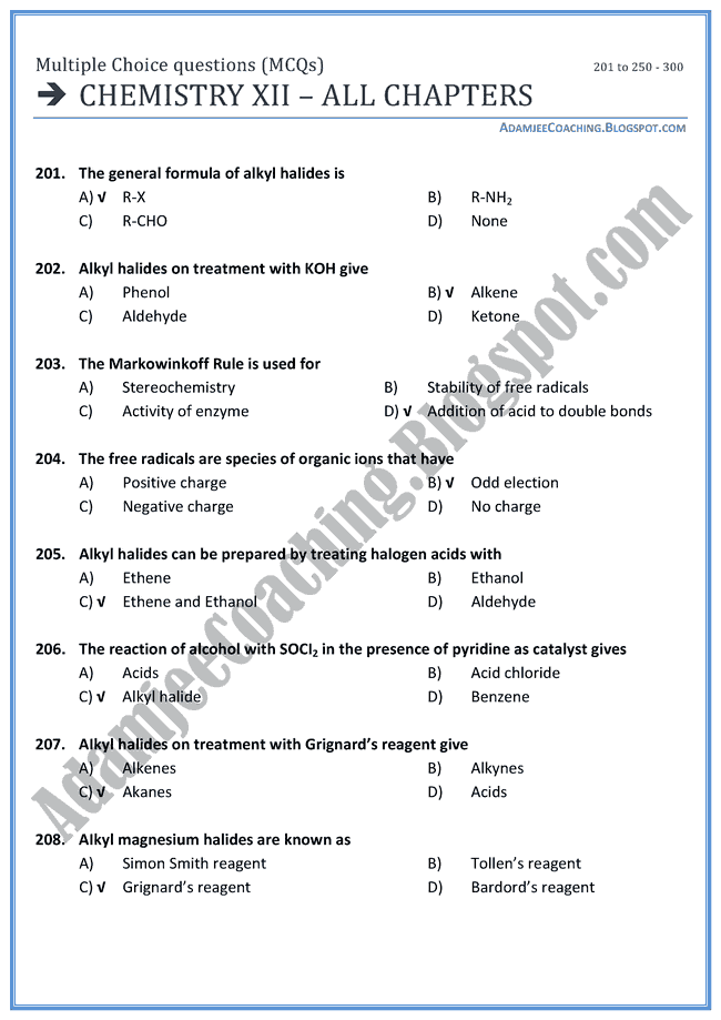 Adamjee Coaching: Chemistry Mcqs XII - All Chapters - 201 to 250