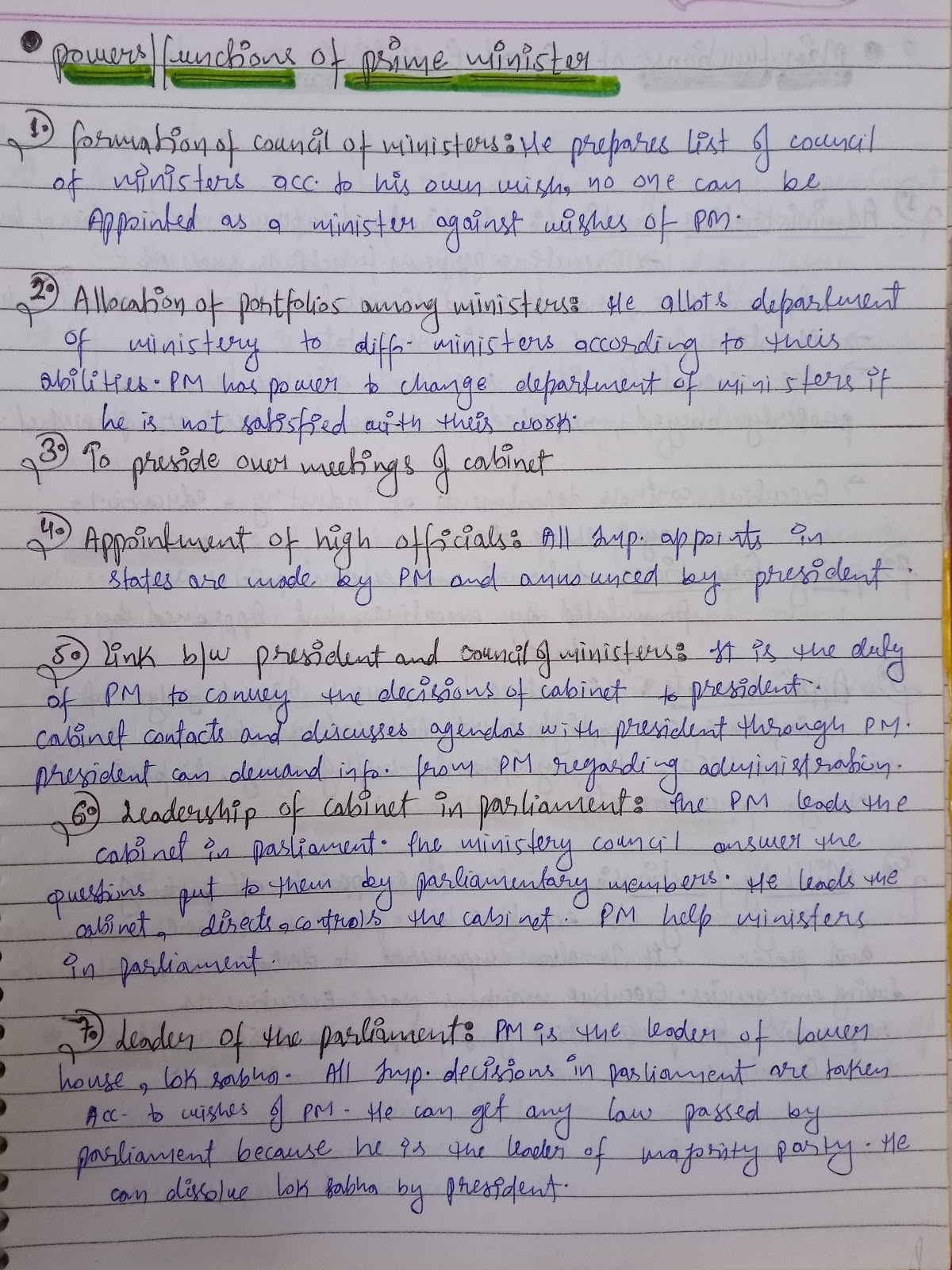 Handwritten Notes of Executive - Political Science - Class 11th ...