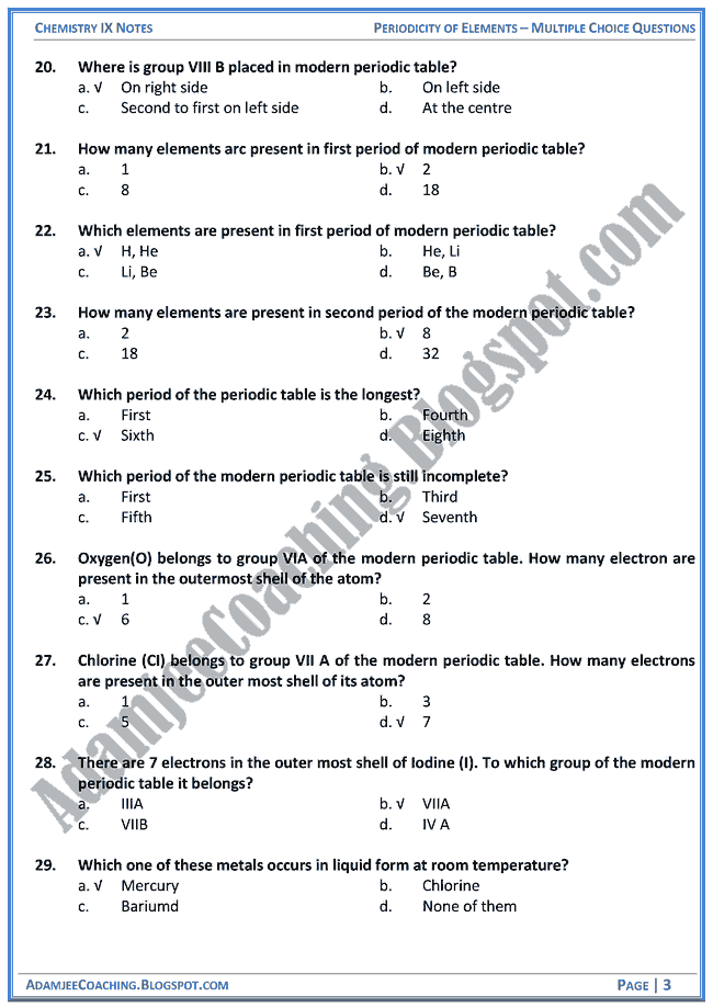 Adamjee Coaching: Periodicity Of Elements - MCQs - Chemistry IX
