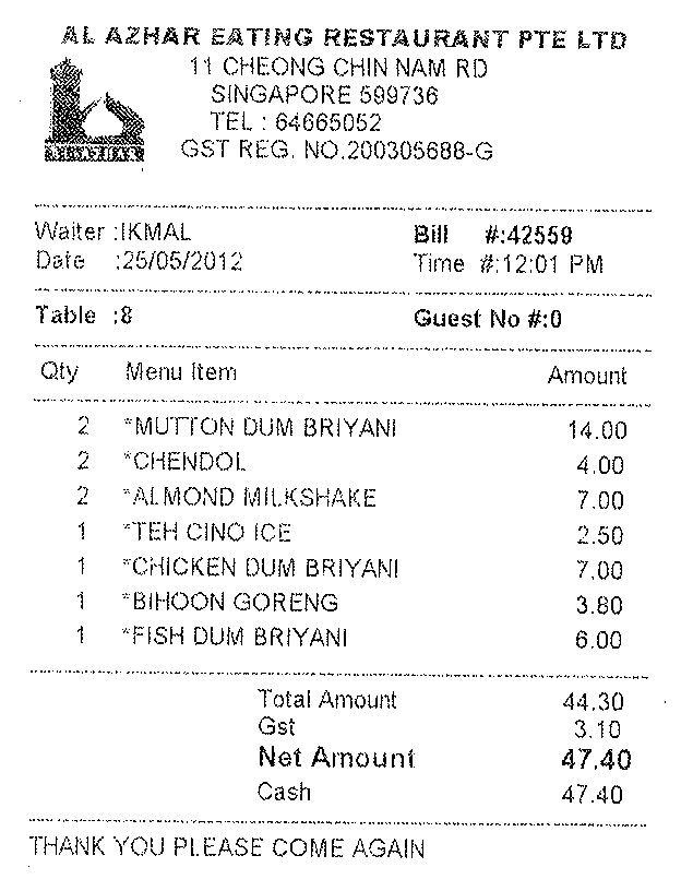 Welcome: Receipt ~ Al Azhar Restaurant ~ 2012 May 24, 1200hrs