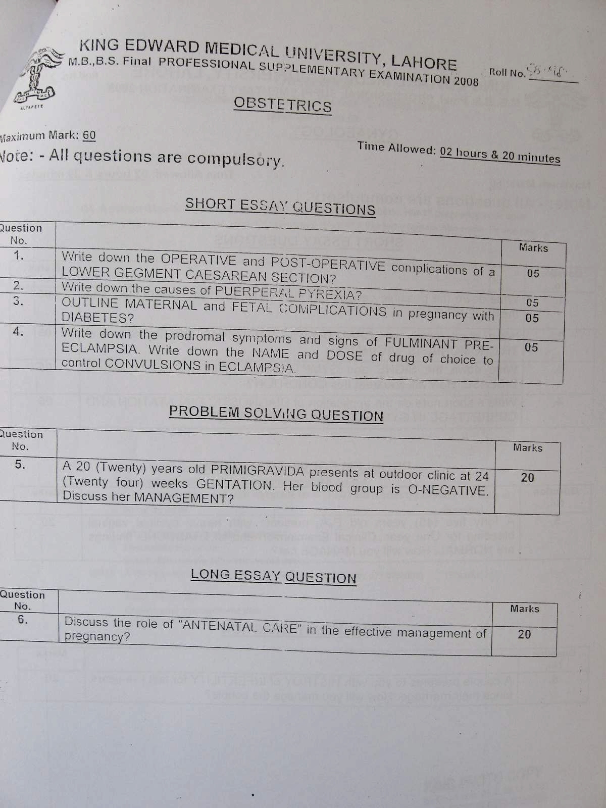 Final Year Obstetrics Past Papers