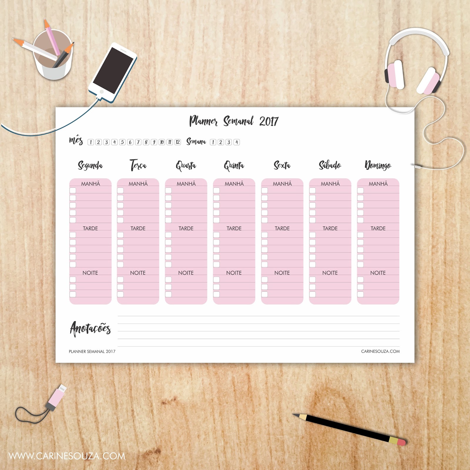 Planner mensal e semanal grátis para imprimir | Carine Souza