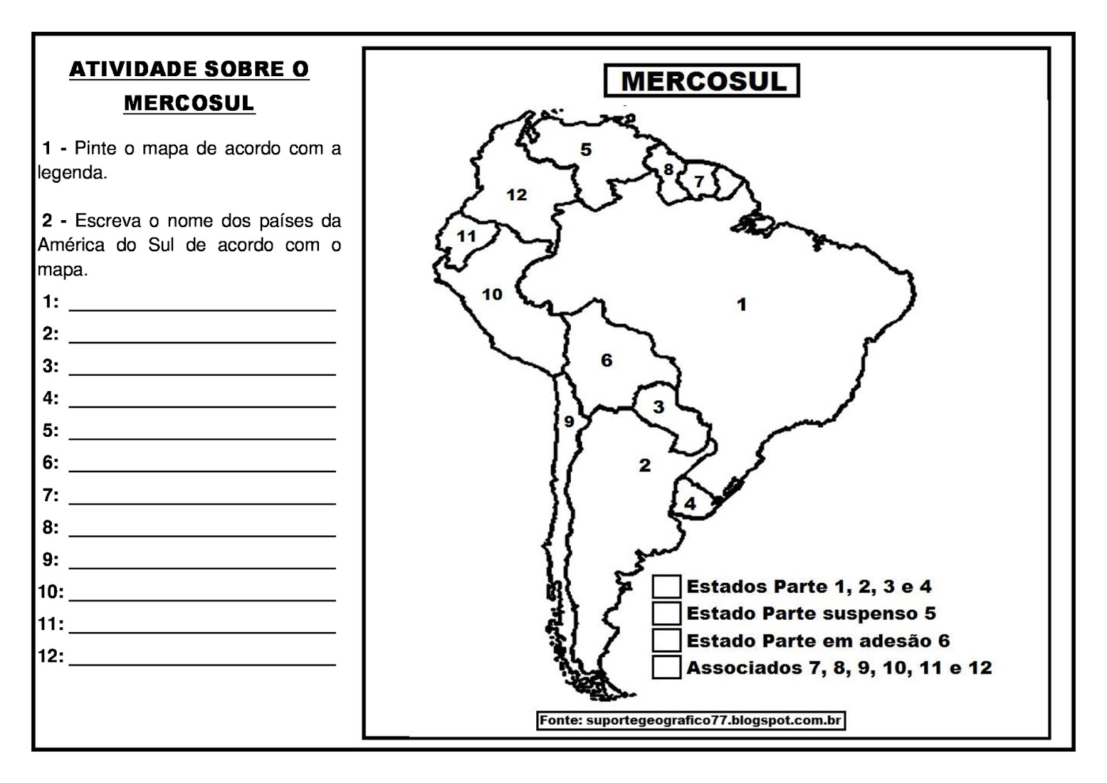 ATIVIDADE COM MAPA SOBRE O MERCOSUL | SUPORTE GEOGRÁFICO