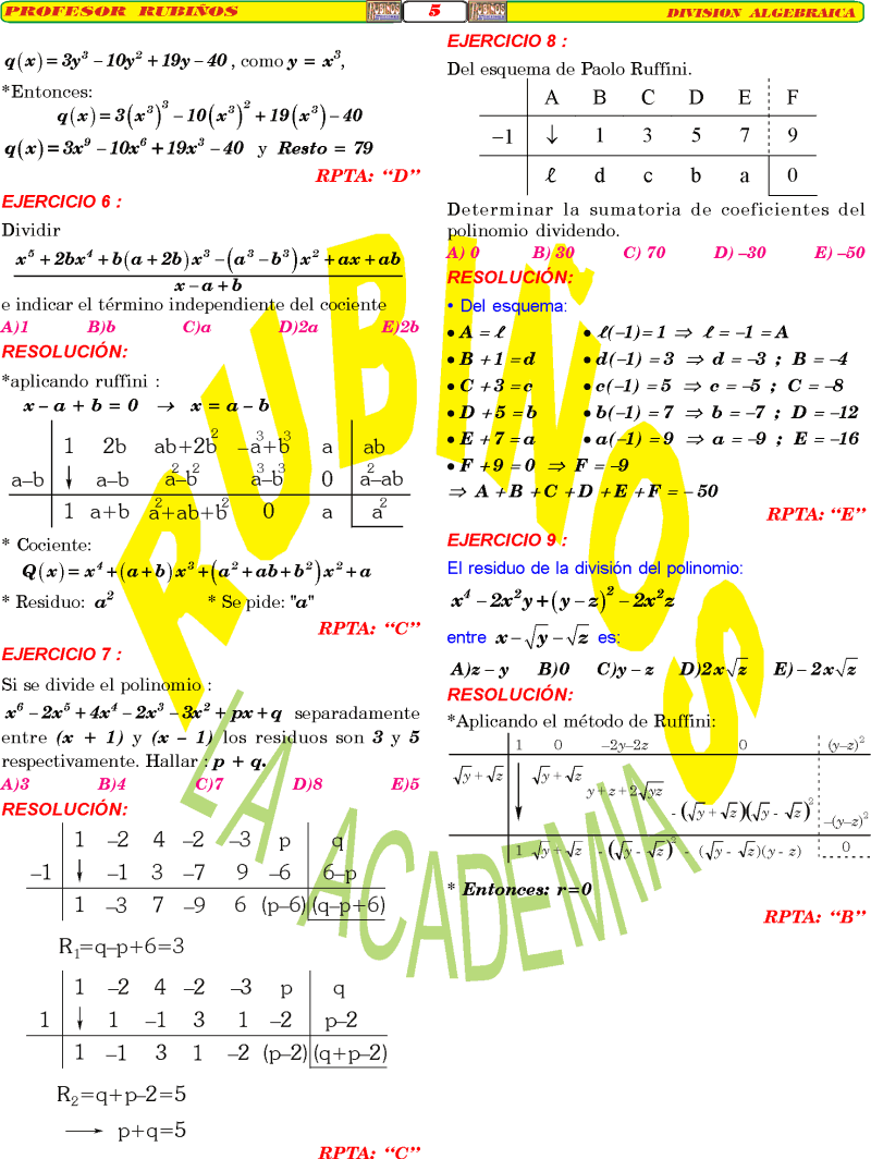 MÉtodo De Ruffini Ejercicios Resueltos DivisiÓn De Polinomios Pdf