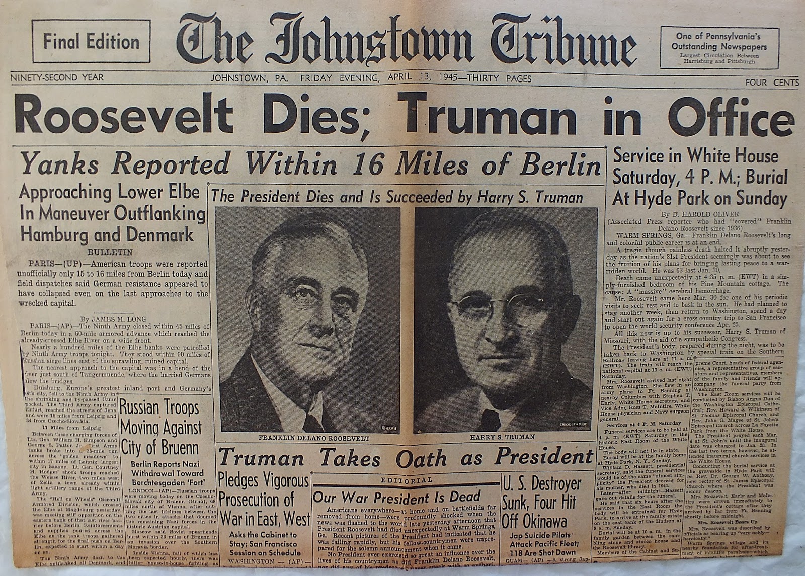Vintage Johnstown: April 13, 1945: Roosevelt Dies; Truman in Office