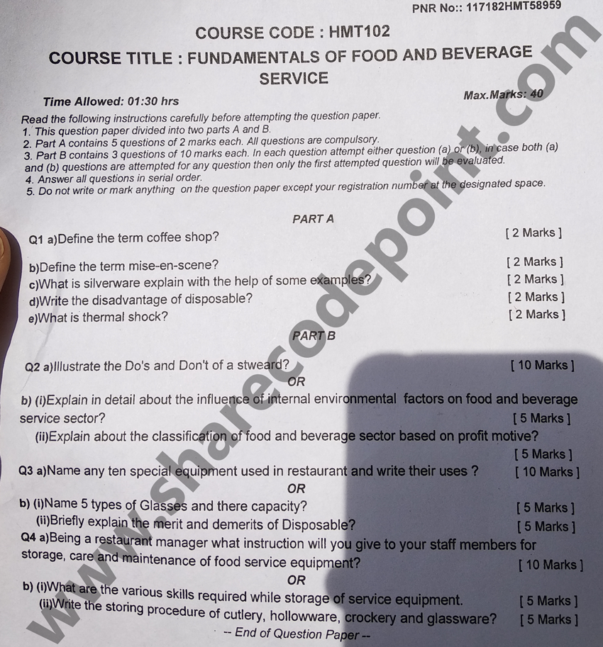 HMT102 : Fundamentals of Food and Beverage Mid Term Exam Question Paper ...