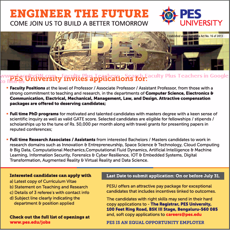 PES University, Bangalore, Teaching Faculty Recruitment July 2018 ...