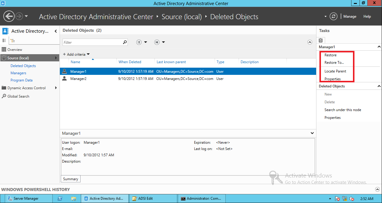 AD Shot Gyan: Restore Deleted Objects using Recycle Bin in ADAC
