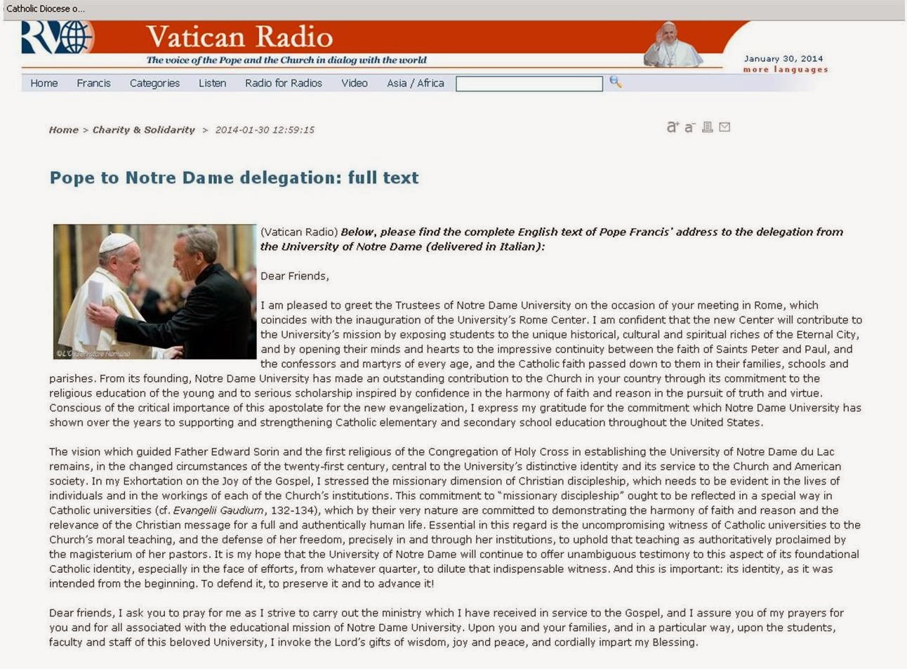 Bishop Daniel R. Jenky, CSC: Pope Francis to Notre Dame delegation