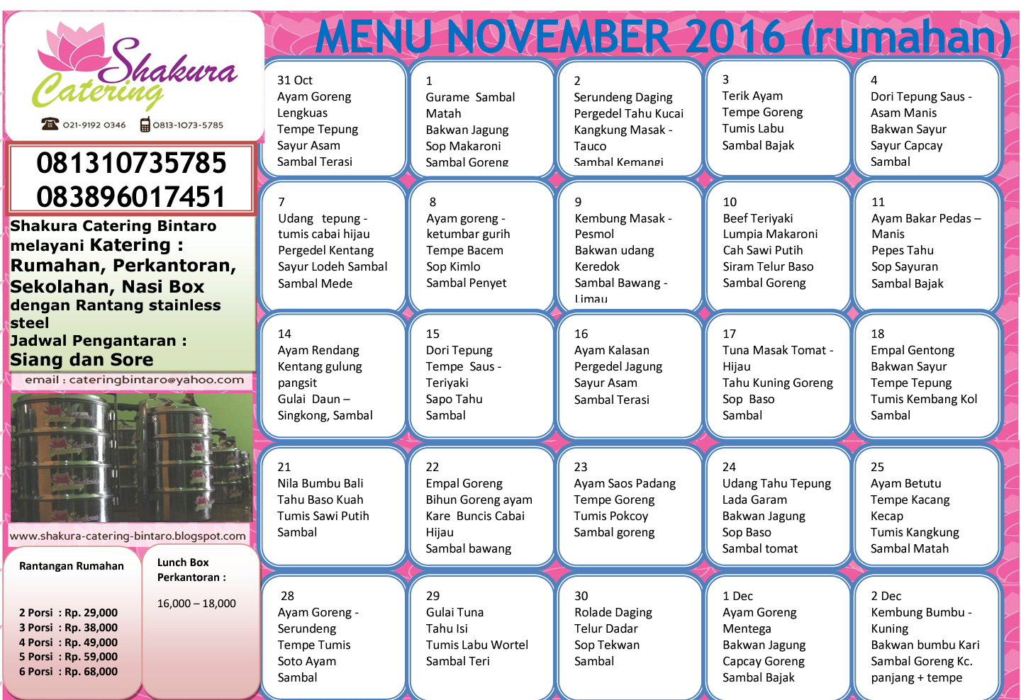 Menu Katering Dewasa dan Anak Bulan November 16 di Bintaro dan Alam Sutera