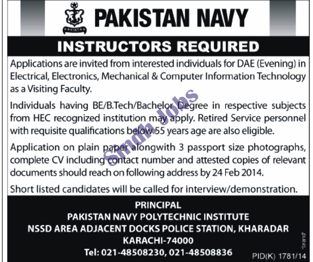 Sindh Jobs: Instructors Jobs at Pakistan Navy Polytechnic Institute for ...