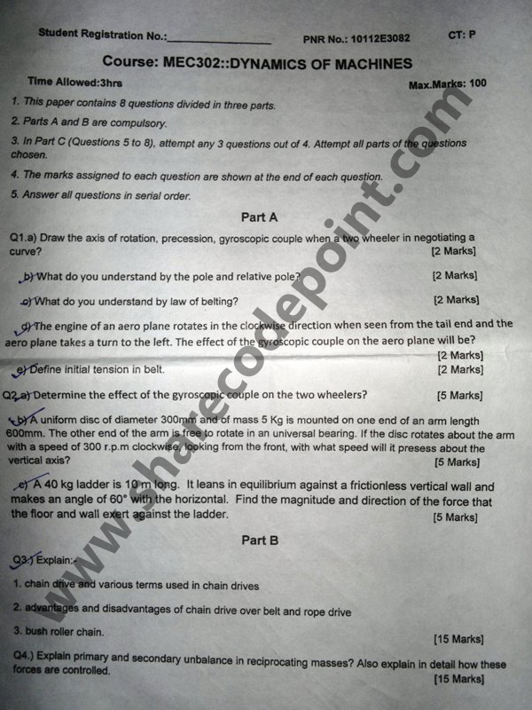 MEC302 : Dynamic of Machines End Term Question Paper - Mechanical ...