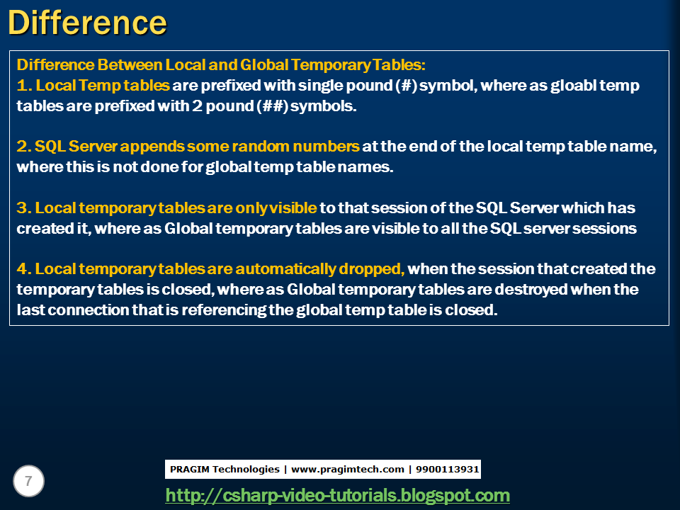 Sql server, .net and c# video tutorial: Part 34 – Temporary Tables