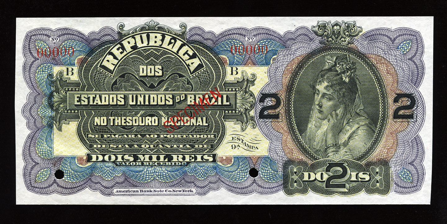 Brazil banknotes 2 Mil Reis Zella Banknote of 1900.