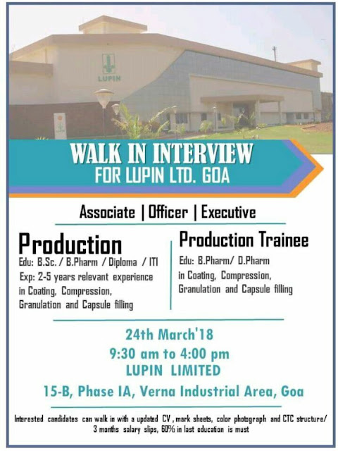 Walk in for Lupin Goa on 24th Mar 2018
