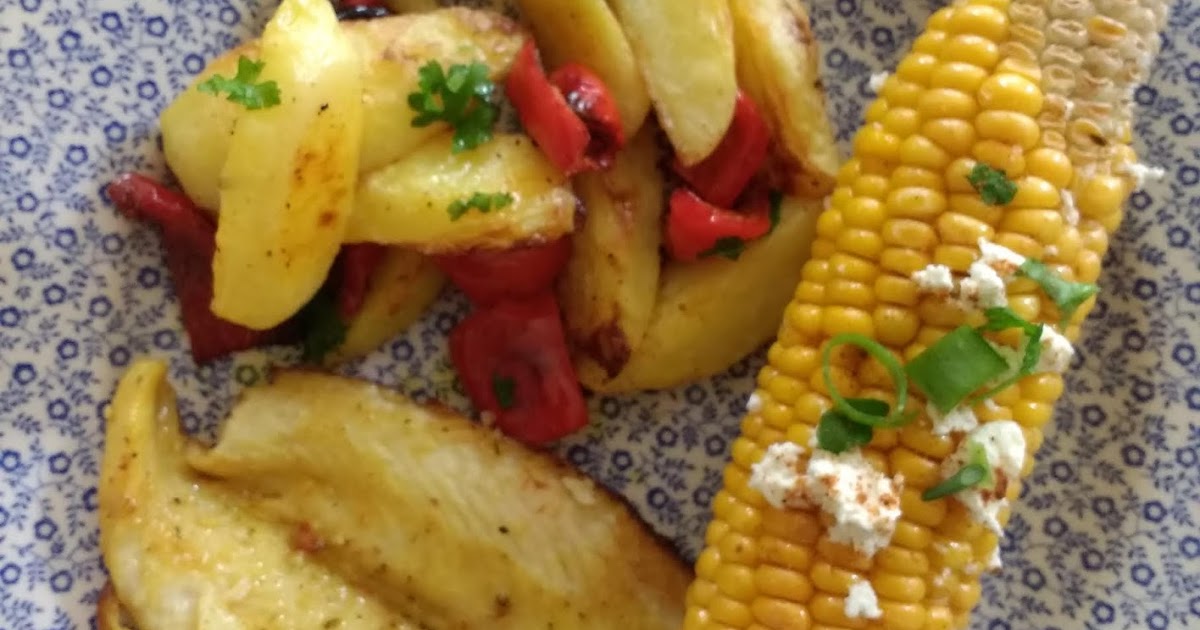 Geroosterde mais, aardappeltjes en paprika uit de oven