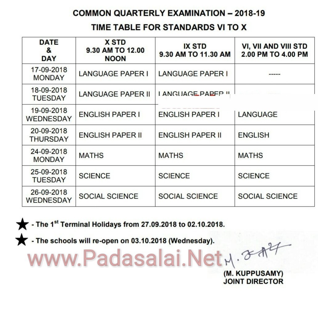 6th to10th Quarterly Exam 2018 - Time Table Published ~ Padasalai.Net ...