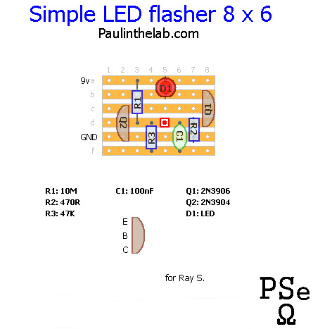 Paul In The Lab: Simple LED Flasher Stripboard Veroboard Layout