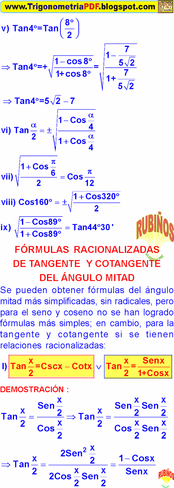 IDENTIDADES DEL ANGULO MITAD EJERCICIOS RESUELTOS DE TRIGONOMETRIA PDF