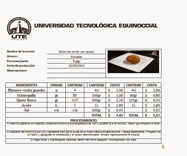 COCINA ECUATORIANA II: recetas costeadas clase 1