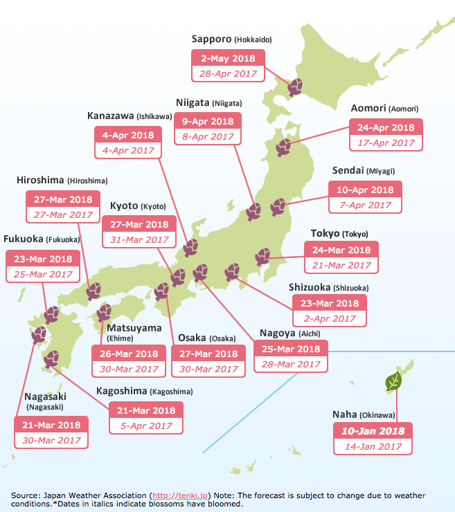 Spring Flowers in Japan - Japan Sakura Bloom 2018 Map Guide - Stella ...