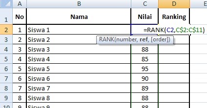 Cara Membuat Ranking Secara Otomatis (Fungsi RANK) Pada Microsoft Excel