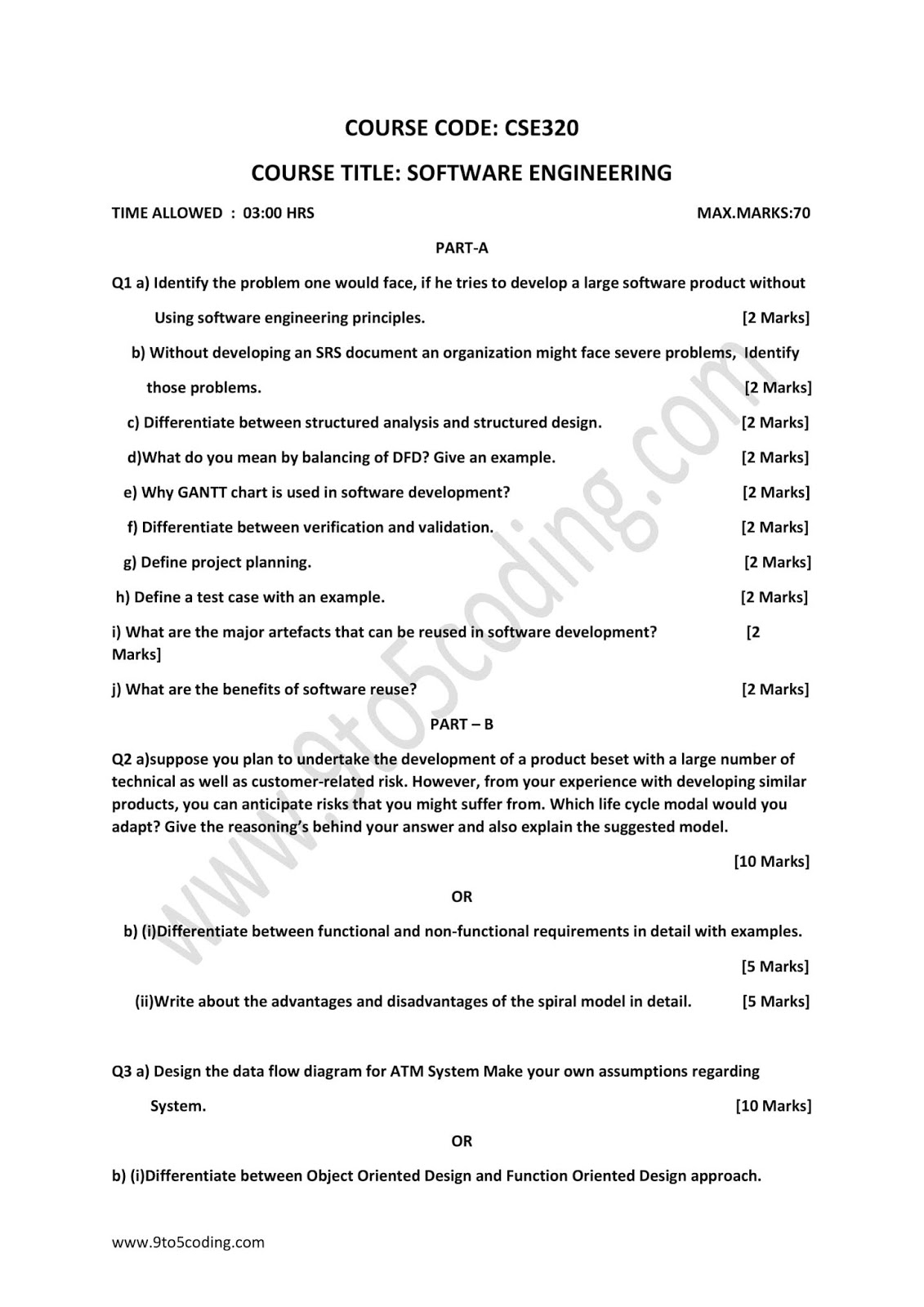 SOFTWARE ENGINEERING | CSE320 | QUESTION PAPER | END TERM PAPER