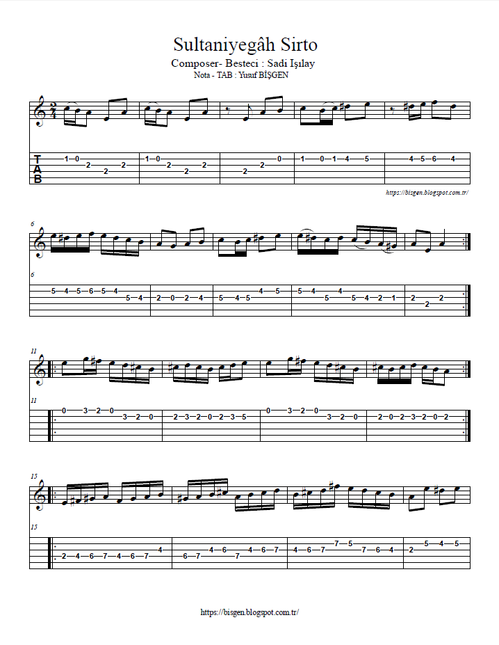 Sultaniyegâh Sirto - Gitar Nota TAB