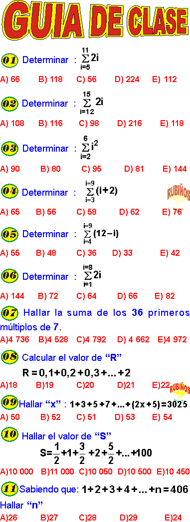 SERIES Y SUMATORIAS OPERADOR SIGMA EJERCICIOS PARA RESOLVER CON CLAVES ...