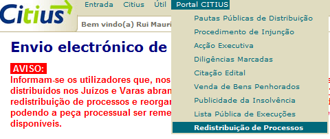 Estado de Citius: Aviso: Peças processuais entregues em Juízos/Varas!
