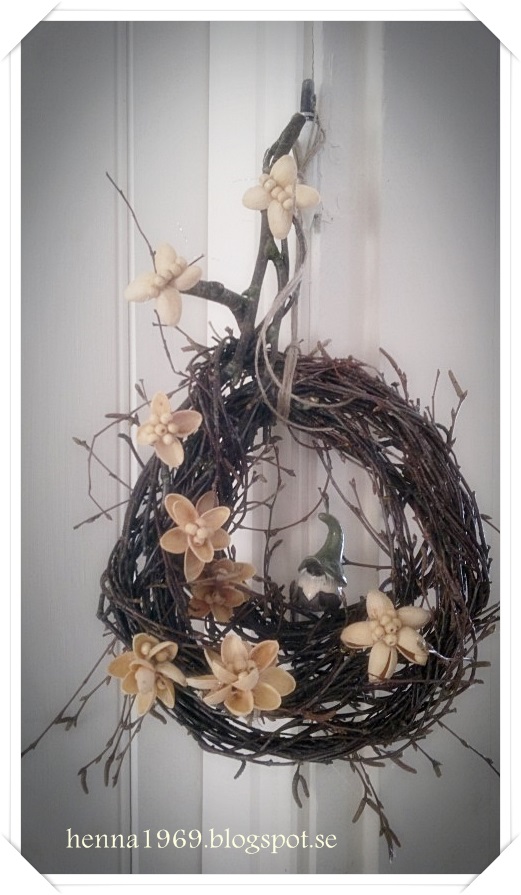 Pistachio shell flowers and butterflies, wreath made of birchtwigs ...
