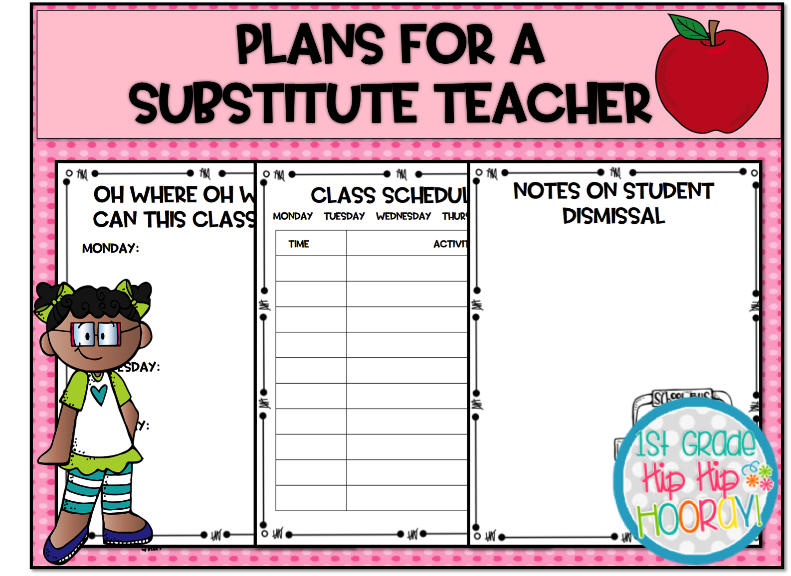 1st Grade Hip Hip Hooray!: Substitute Teacher Plans!! (Editable)