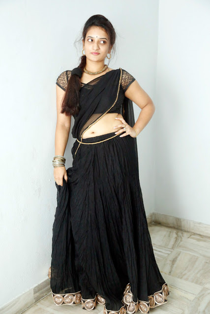 Tamil Latest Actress Janani Reddy in Black Transpaent Saree and Netted ...