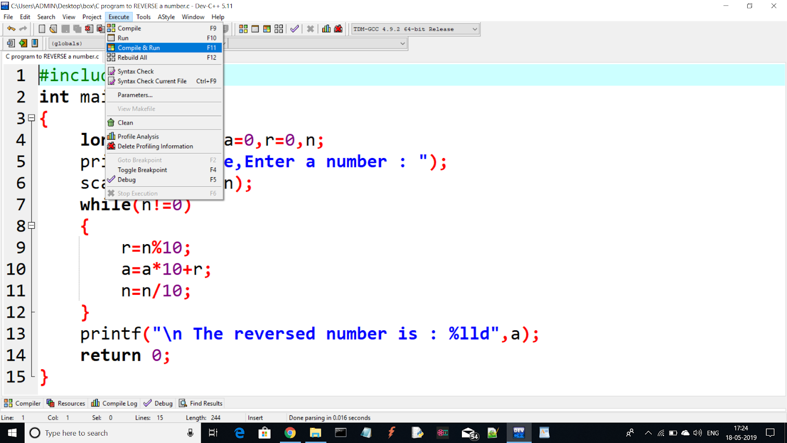 C Program To Reverse A Number